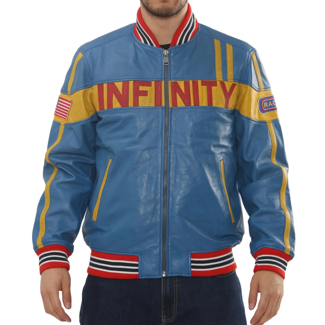 Infinity Men's Blue Leather Motorcycle Jacket Biker Bomber – TruClothing