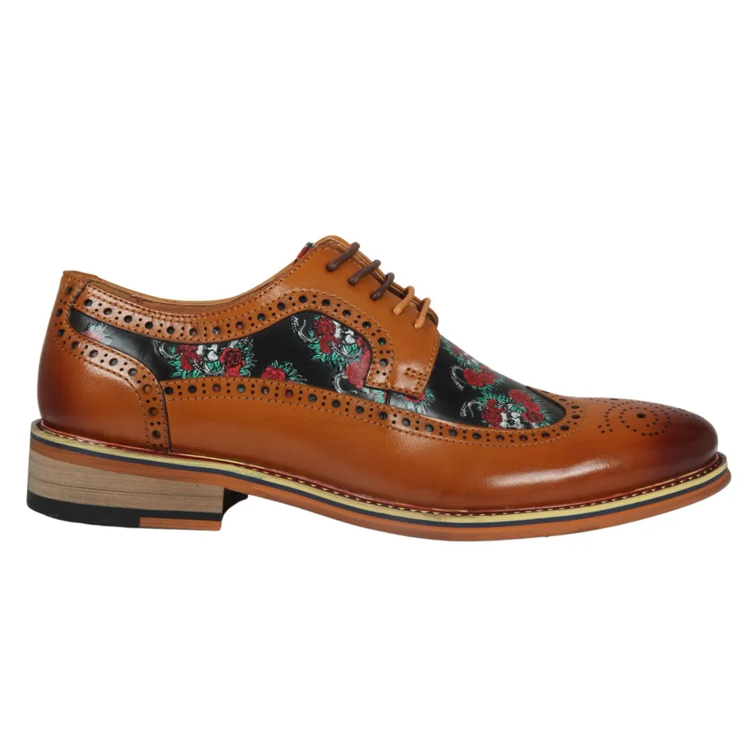 Justin Reess Ross - Men's Brown Floral Skull Brogue Shoes – TruClothing