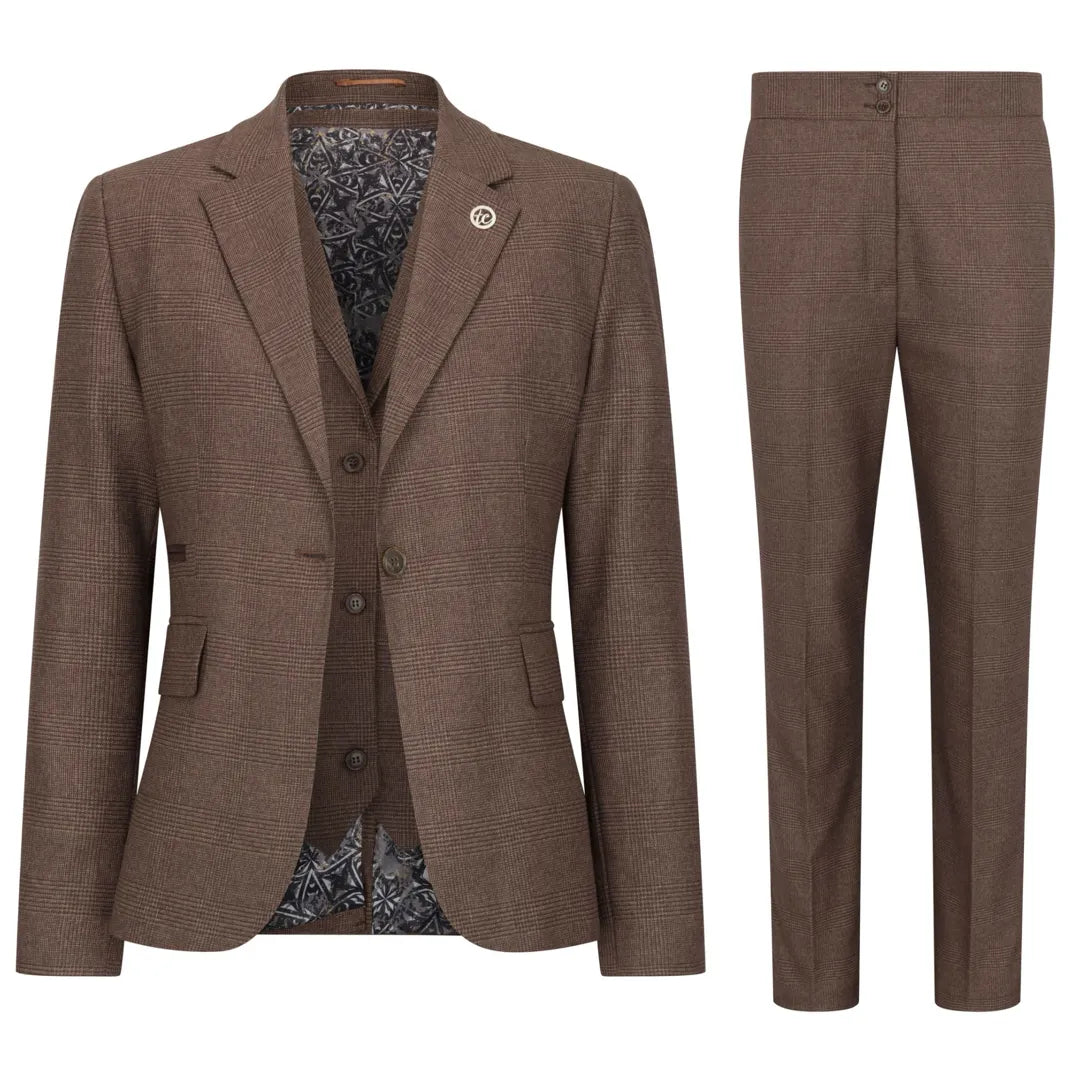 TPW50 - Women's Brown 3 Piece Prince Of Wales Check Suit – TruClothing