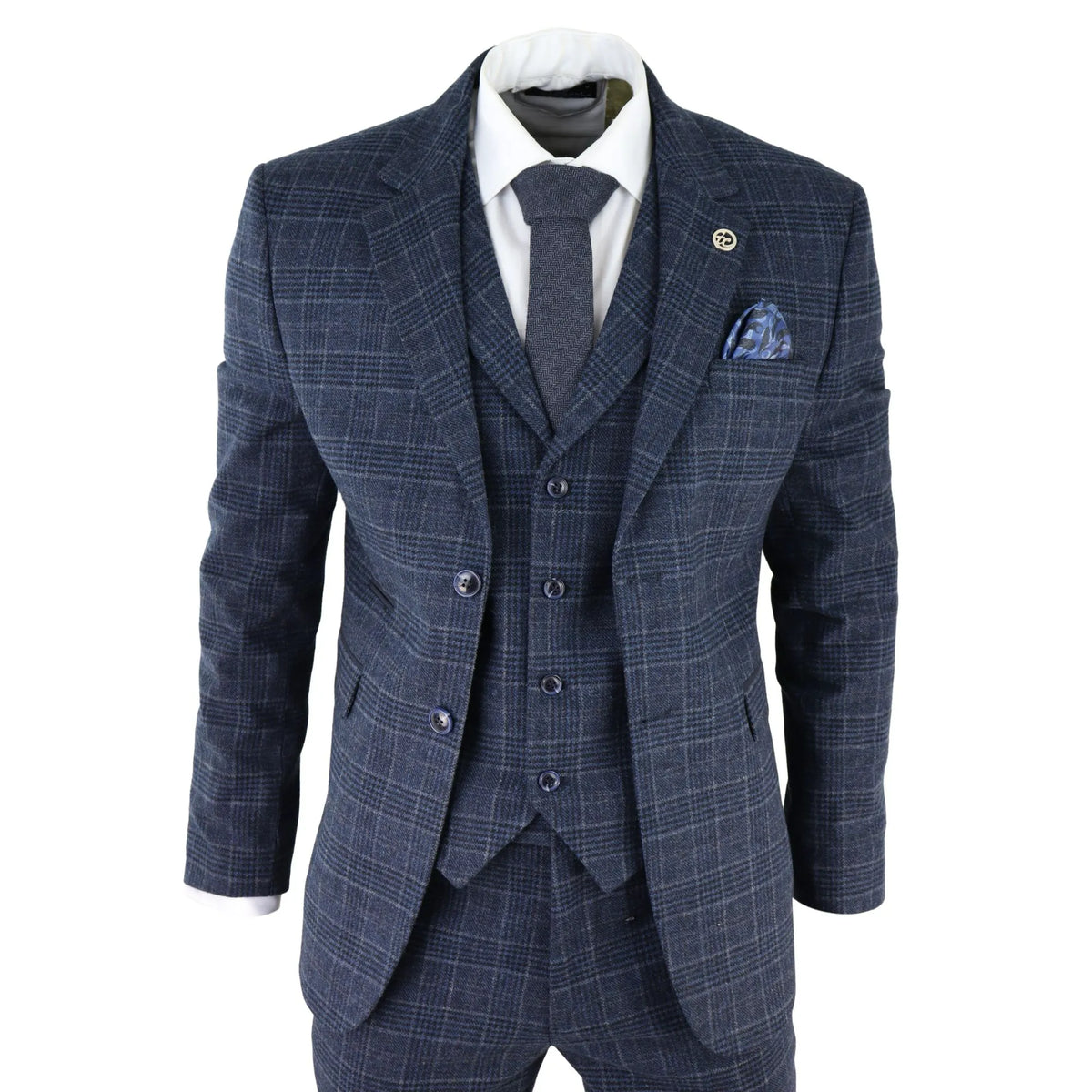 TruClothing Ak-13 Men's Tweed 3 Piece Suit Blue Check
