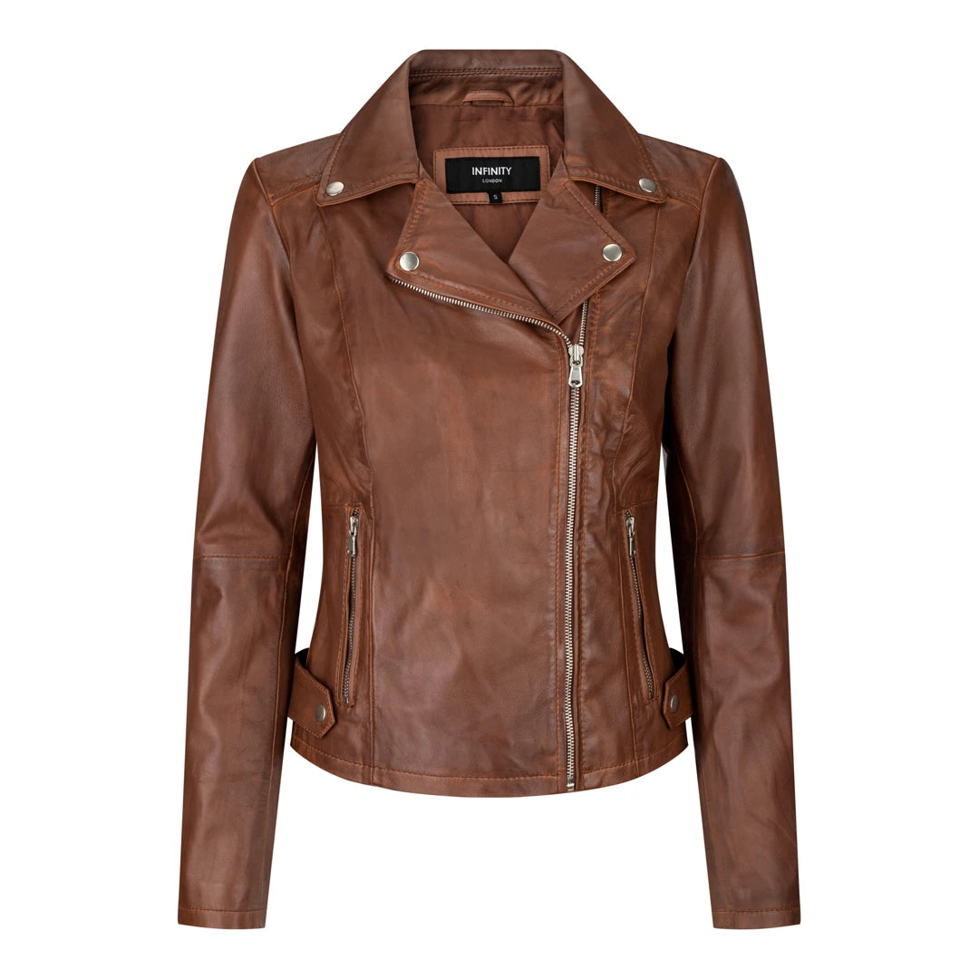 Women's Timber Brown Biker Leather Jacket | Infinity – TruClothing