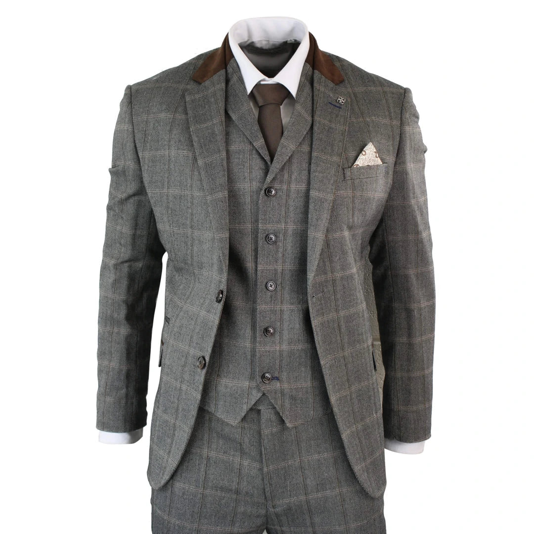 Cavani Connall Men's Check Tweed Wool 3 Piece Brown Suit – TruClothing