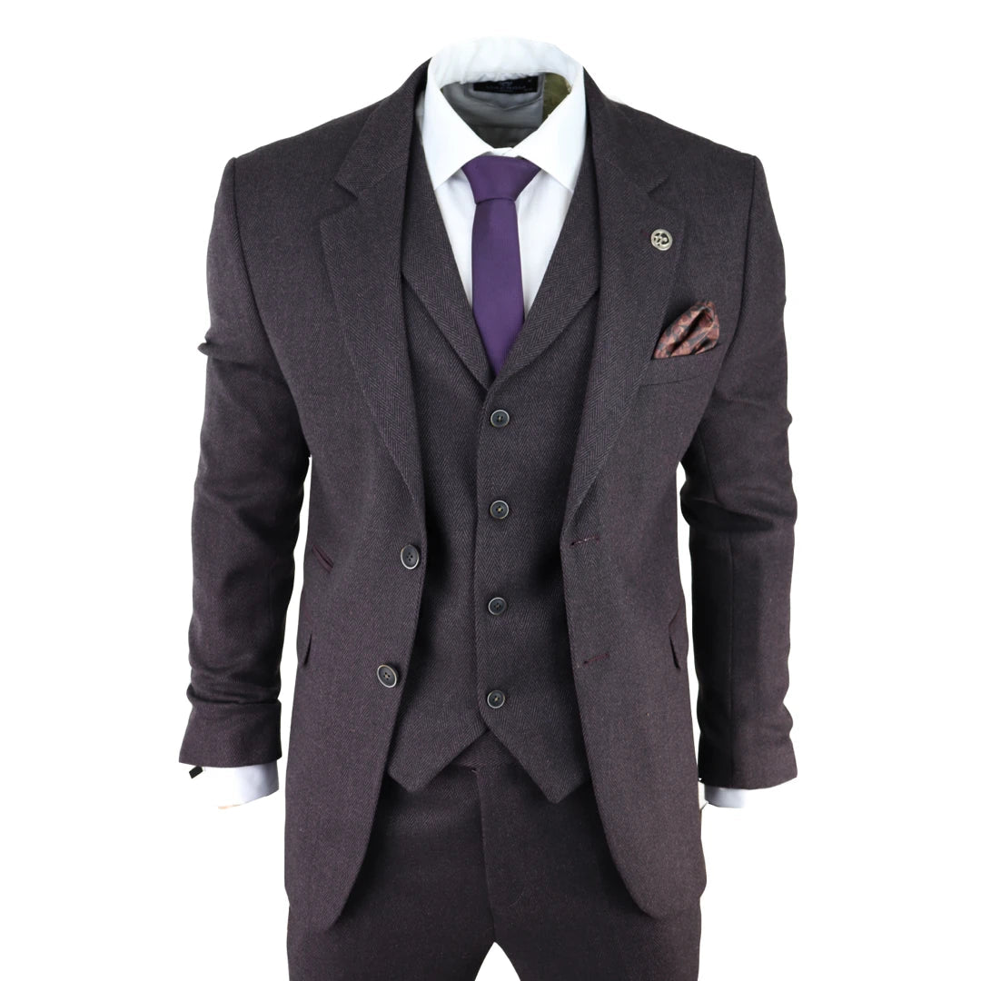 TruClothing Ak-05 Men's Herringbone 3 Piece Plum 1920s Suit
