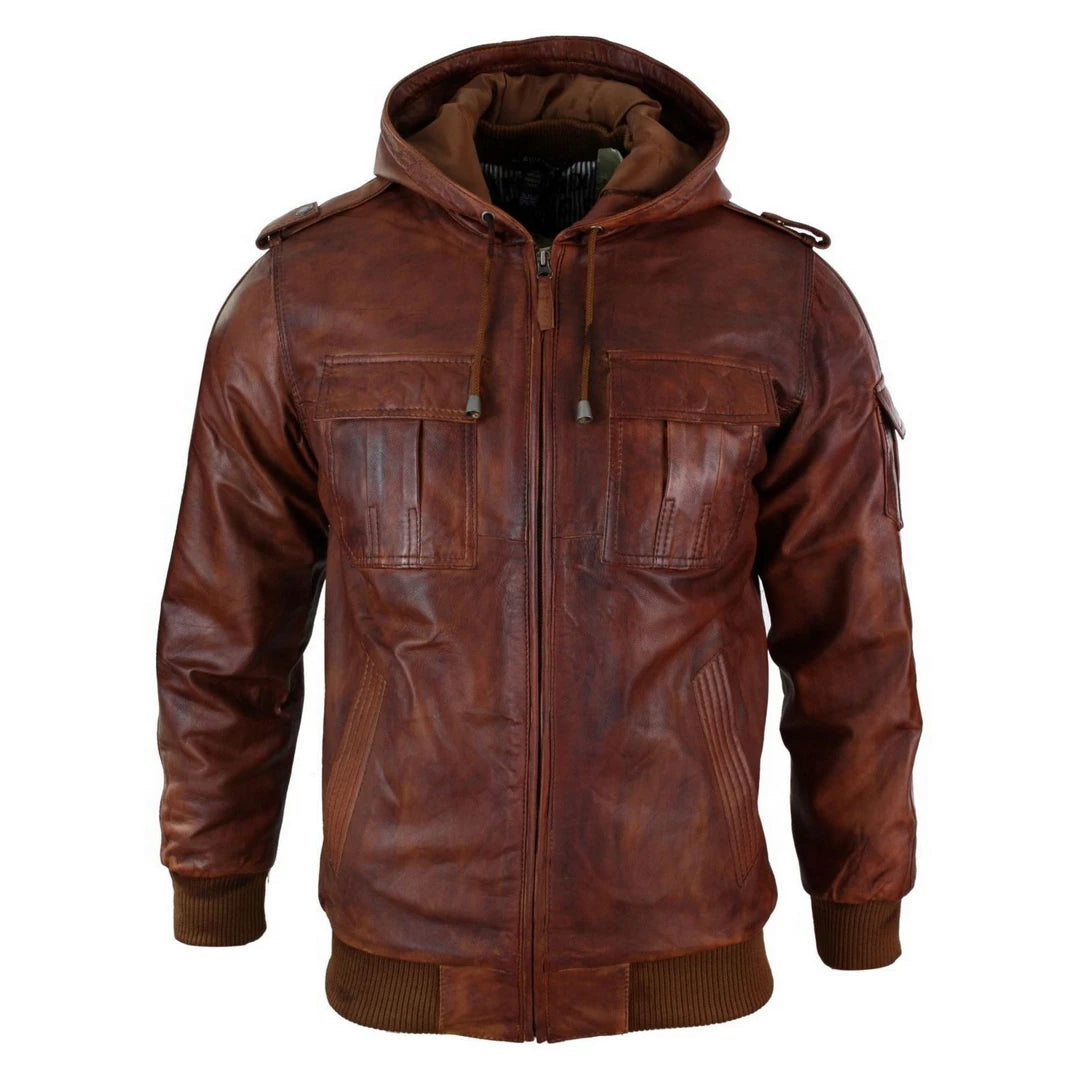 Men's Real Leather Tan Hooded Bomber Jacket | TruClothing